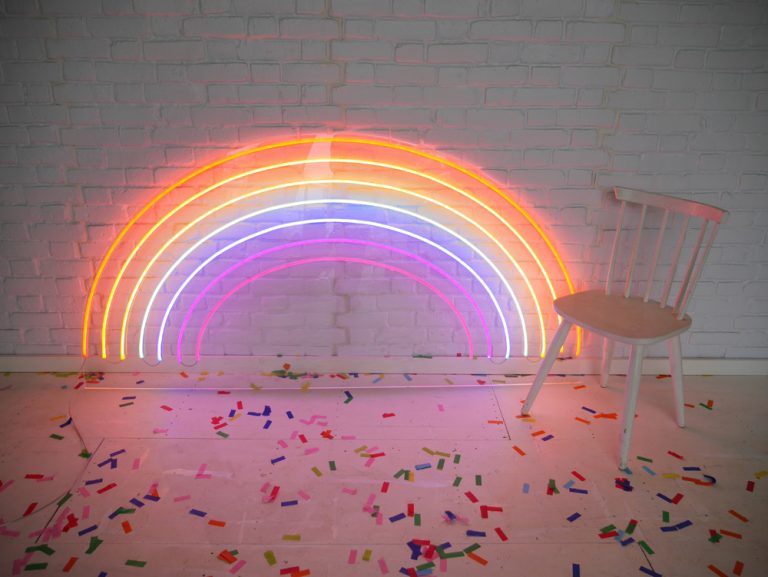 Over the rainbow with our neon hire sign - Vowed and Amazed